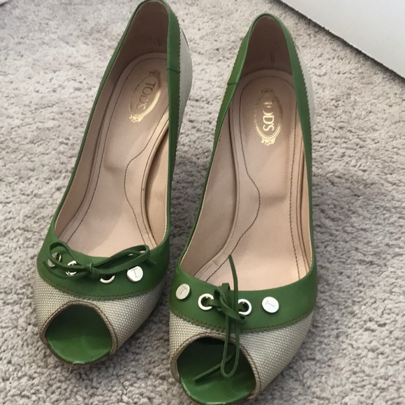 Tod's | Shoes | Tods Linen Leather Peep Toe Driving Heels | Poshmark